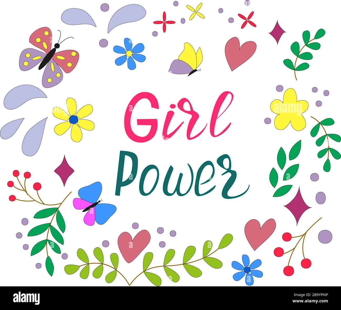 Vector image of the lettering - girl power - in a frame of flowers, leaves, butterflies on a ...