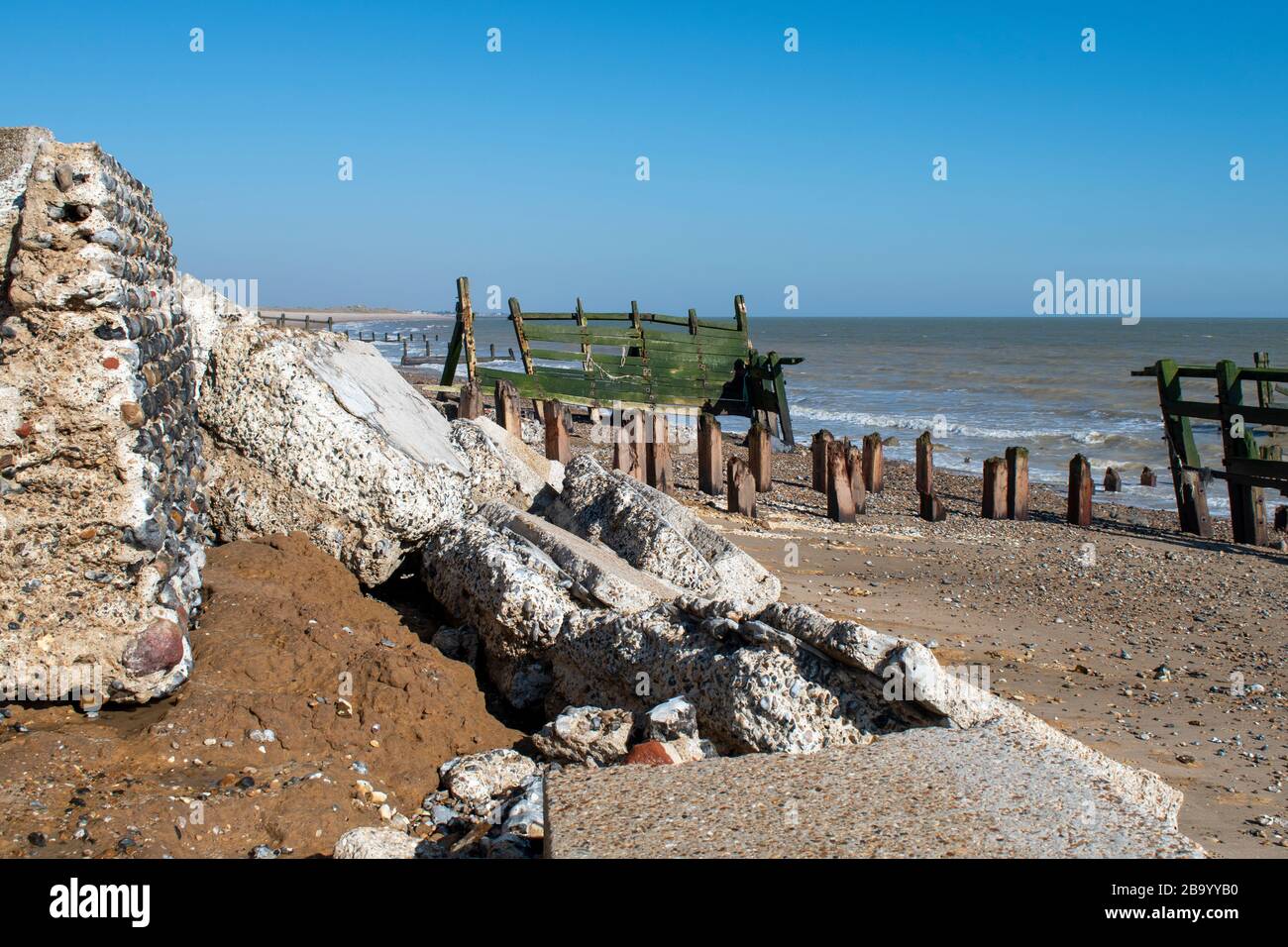 Sea wall collapse and sea defence damaged in winter storms at Climping ...