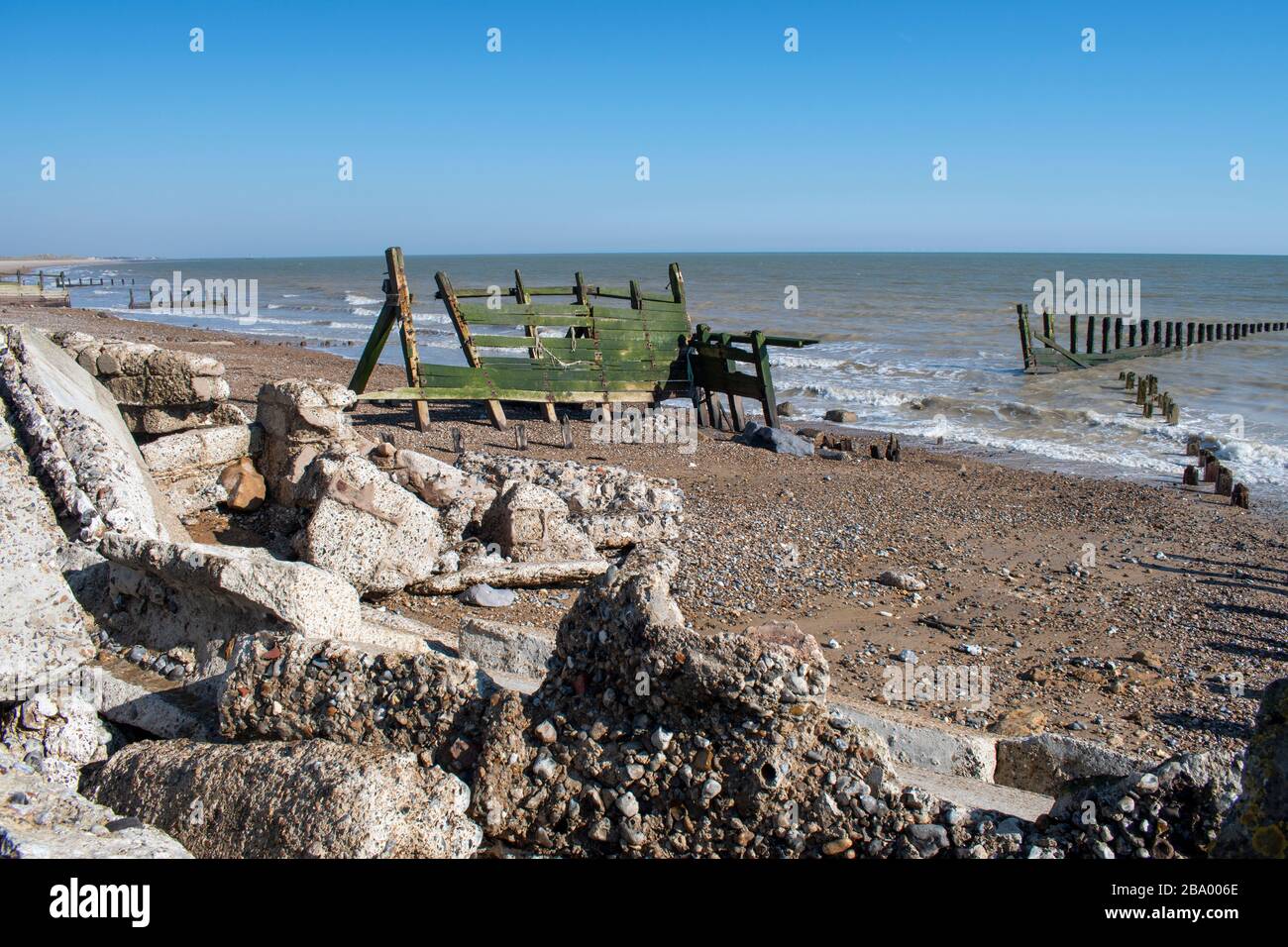 Sea wall collapse and sea defence damaged in winter storms at Climping ...