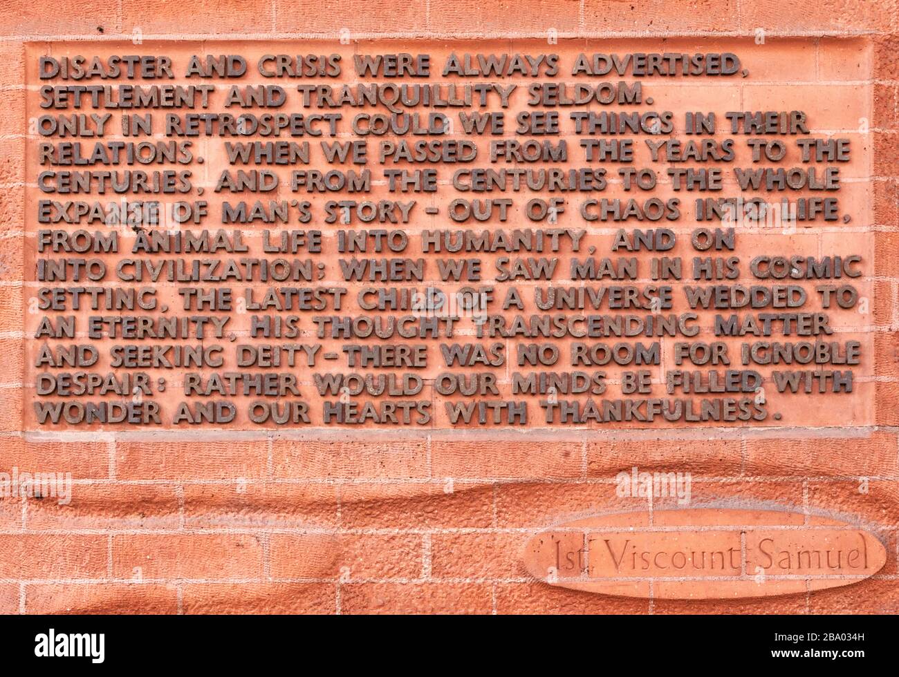 Quotation from 1st Viscount Samuel on sculpted brick panel at the ...