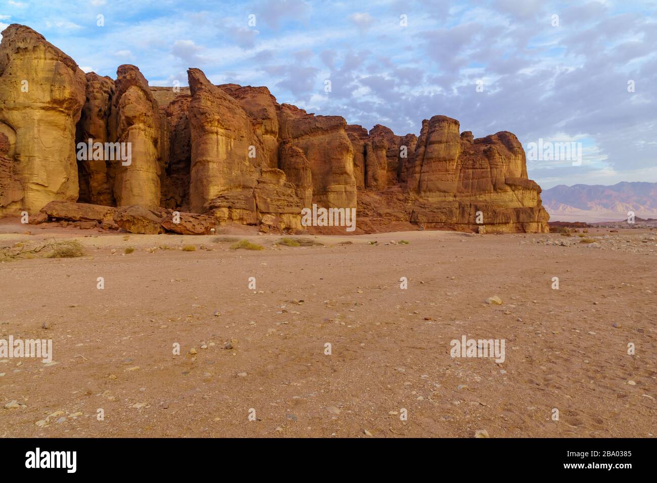 View of landscape and the Solomon Pillars rock formation, in the Timna ...