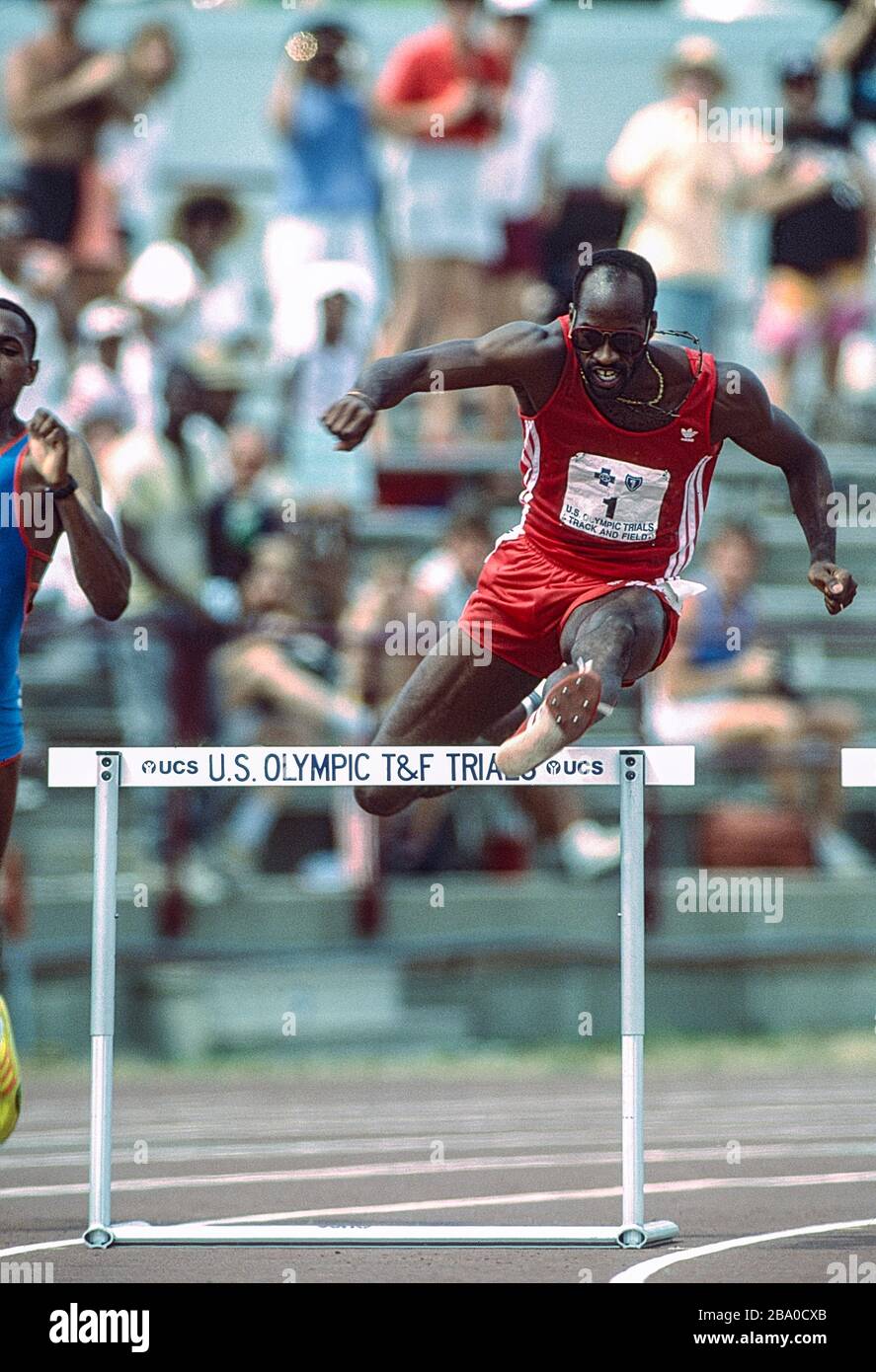 Edwin Moses (USA) competing at the 1988 US Olympic Track and Field Team ...