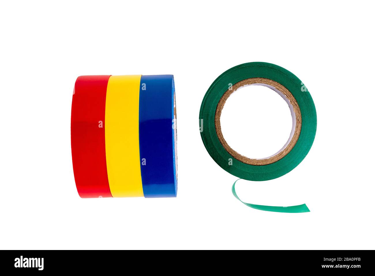 Several round rolls of multi-colored plastic electrical tape to protect ...