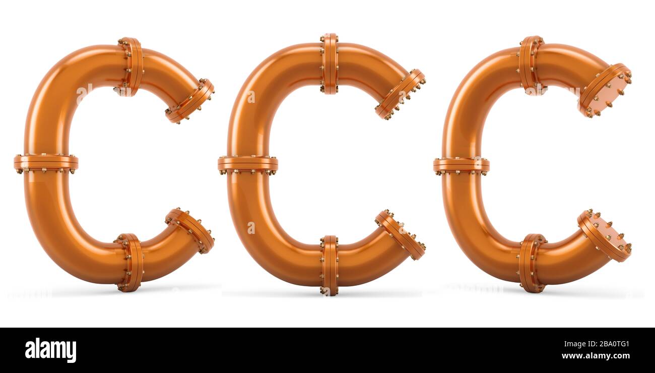 Letter C from copper pipes, 3D rendering isolated on white background ...