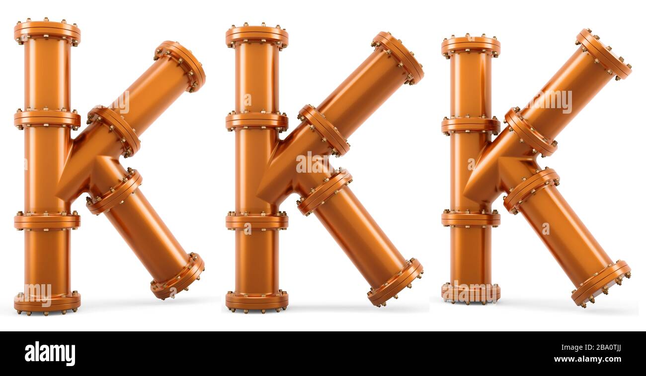 Letter K from copper pipes, 3D rendering isolated on white background ...