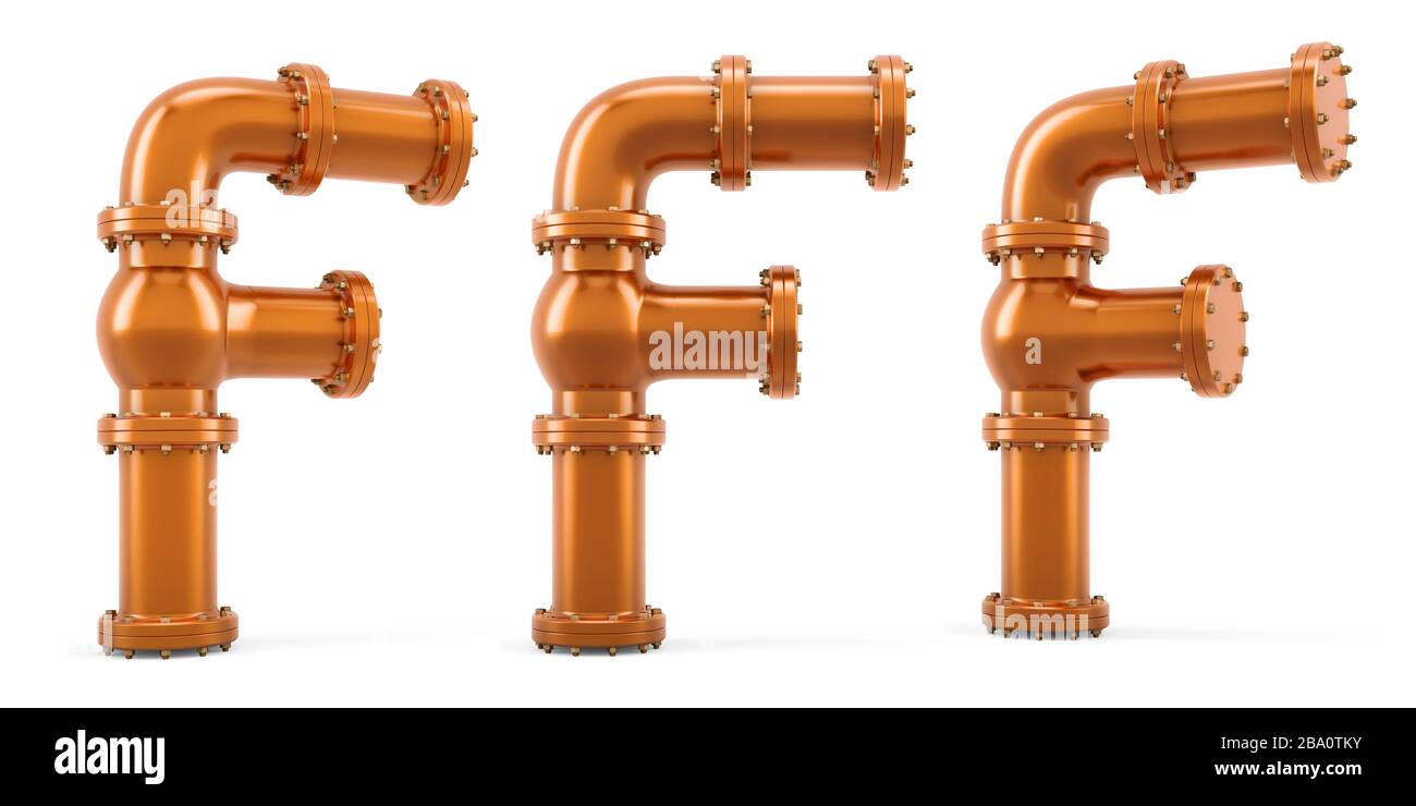 Letter F from copper pipes, 3D rendering isolated on white background ...