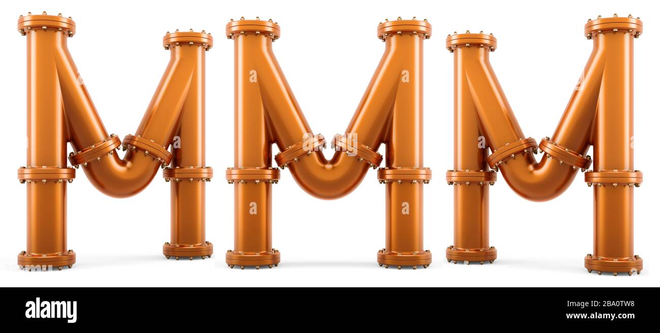 Letter M from copper pipes, 3D rendering isolated on white background ...