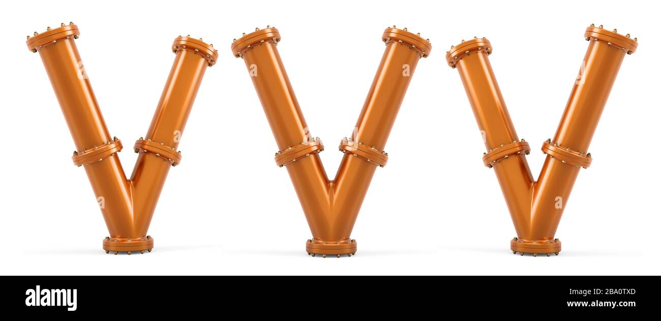 Letter V from copper pipes, 3D rendering isolated on white background ...