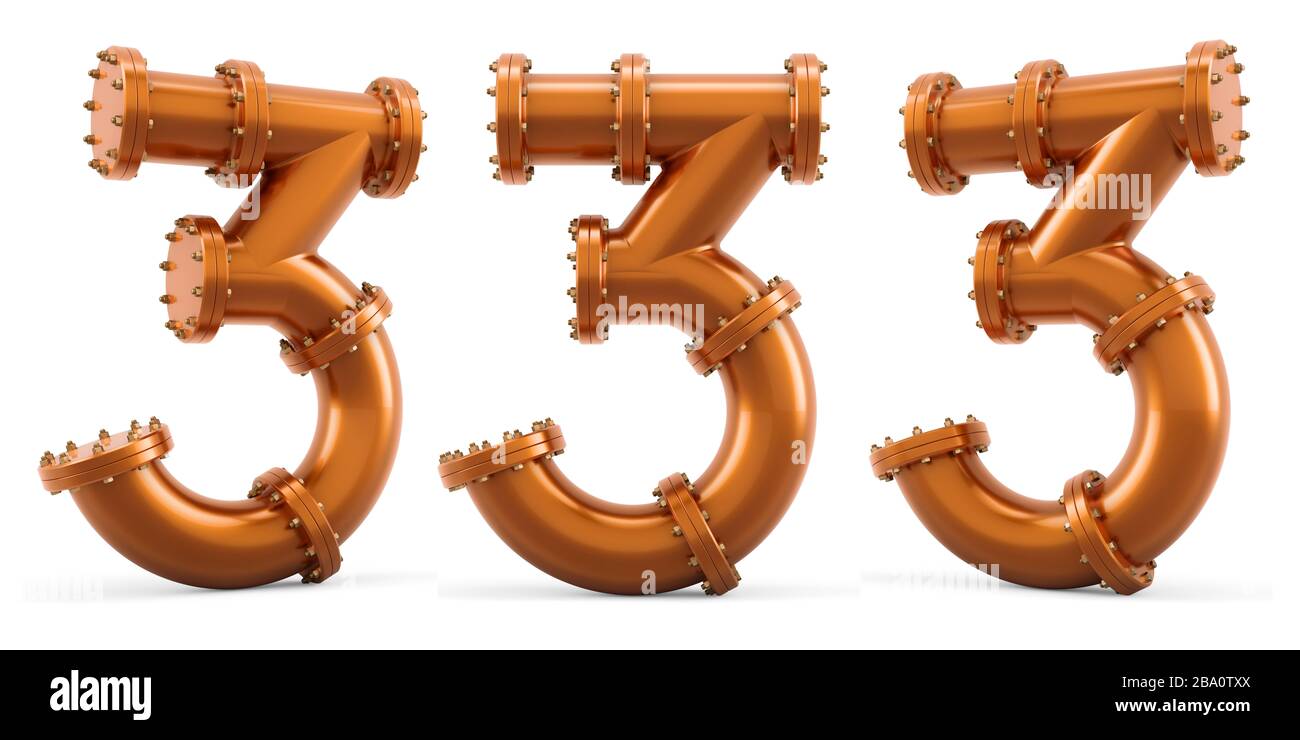 Number 3 from copper pipes, 3D rendering isolated on white background ...