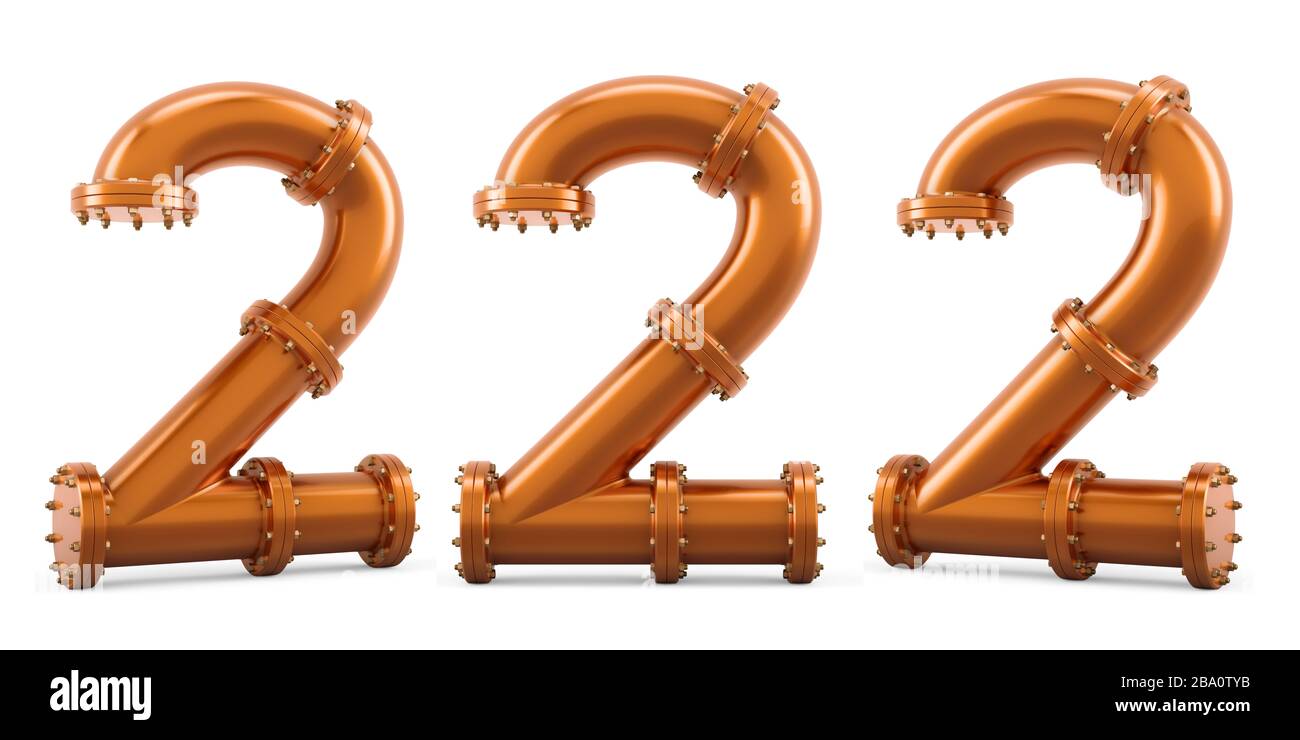 Number 2 from copper pipes, 3D rendering isolated on white background ...