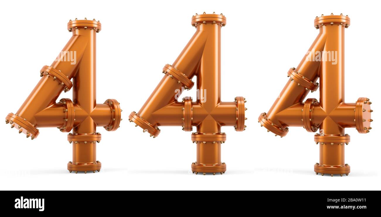Number 4 from copper pipes, 3D rendering isolated on white background ...