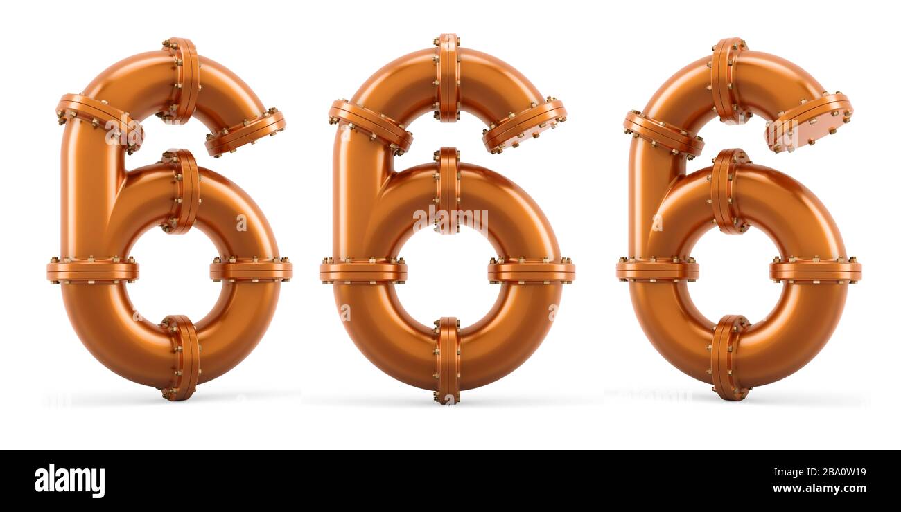 Number 6 from copper pipes, 3D rendering isolated on white background ...