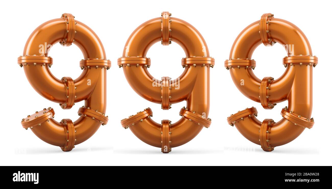 Number 9 from copper pipes, 3D rendering isolated on white background ...