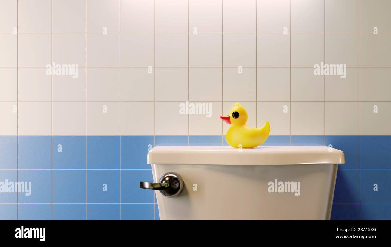 3D illustration of a yellow rubber toy duck sitting on a toilet tank ...
