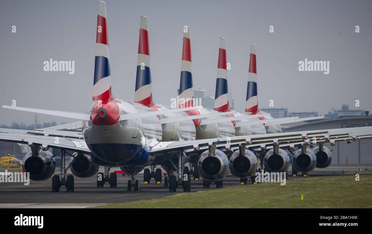 Glasgow, UK. 25th Mar, 2020. Pictured: British Airways Airbus Aircraft ...