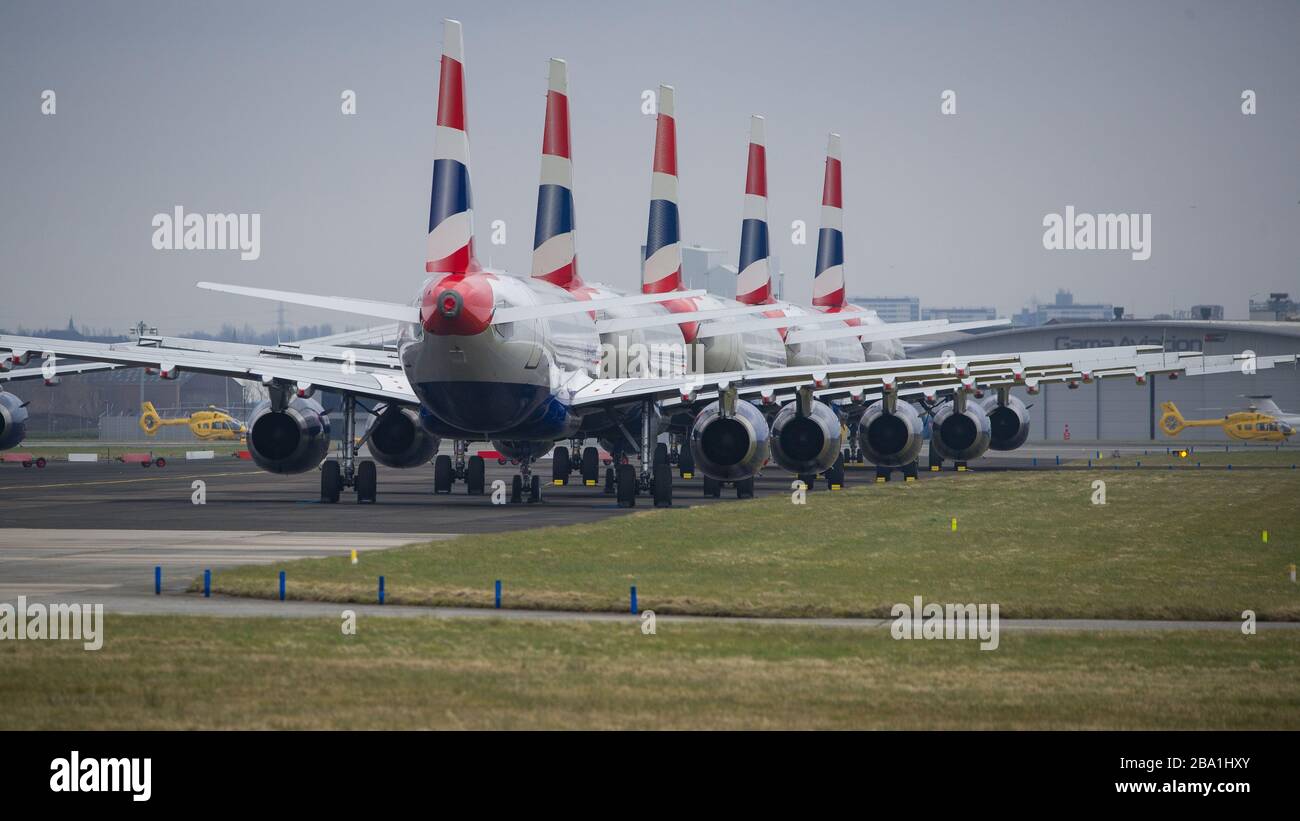 Glasgow, UK. 25th Mar, 2020. Pictured: British Airways Airbus Aircraft ...