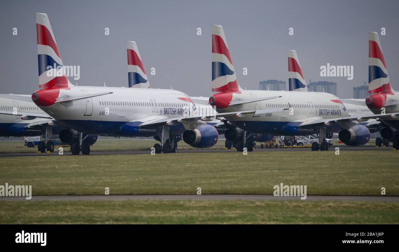 Glasgow, UK. 25th Mar, 2020. Pictured: British Airways Airbus Aircraft ...