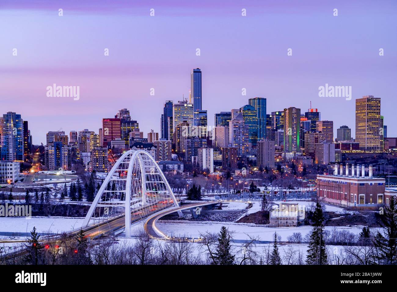 Walterdale Bridge and city skyline, winter, Edmonton, Alberta, Canada ...