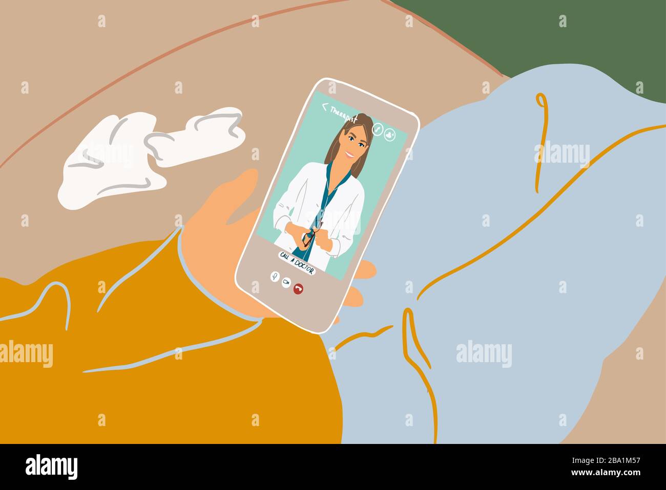 Patient talking by mobile phone with a doctor online from home. Concept ...