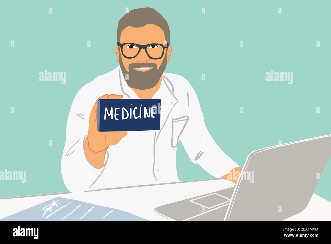 Portrait of a confident doctor with laptop at the office. Showing some ...