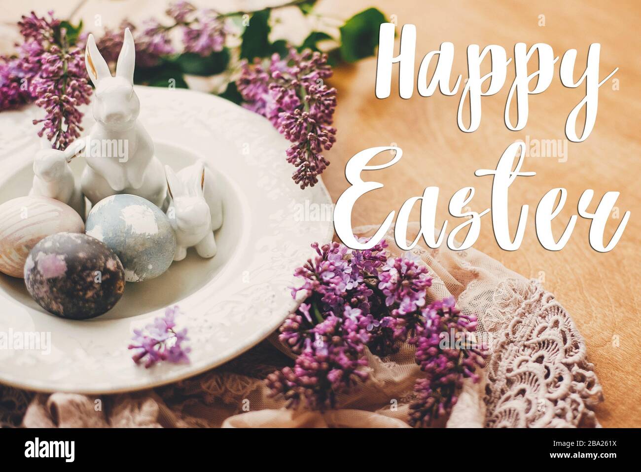 Happy Easter text. Easter greetings card. Rustic composition of natural ...