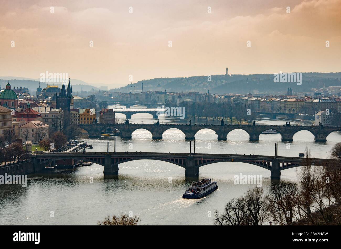 Evening Prague Bridges over river Vltava. Beautiful sunset Stock Photo ...