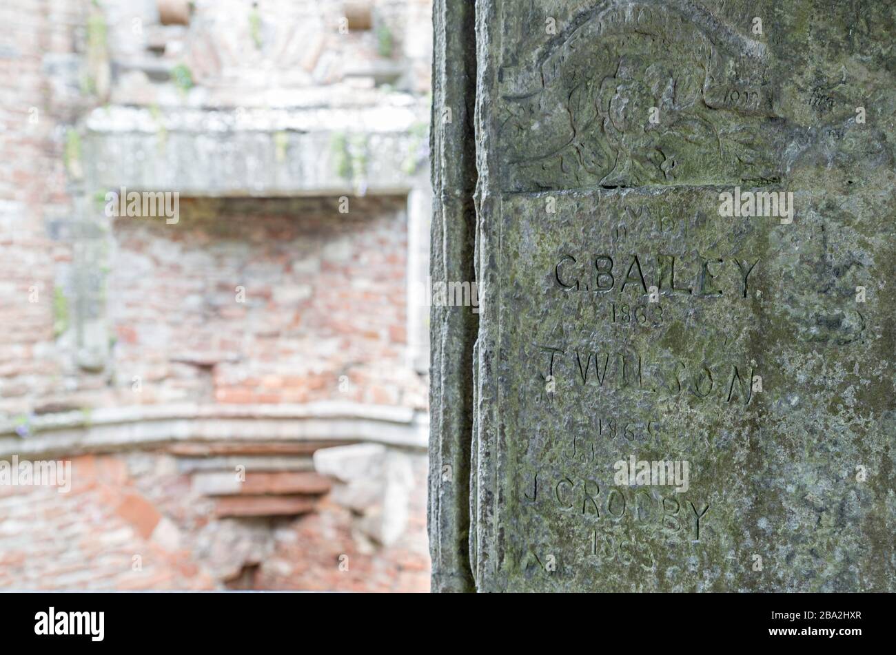 Crest and names carved into the stone, 1863, Brougham Castle ruin ...