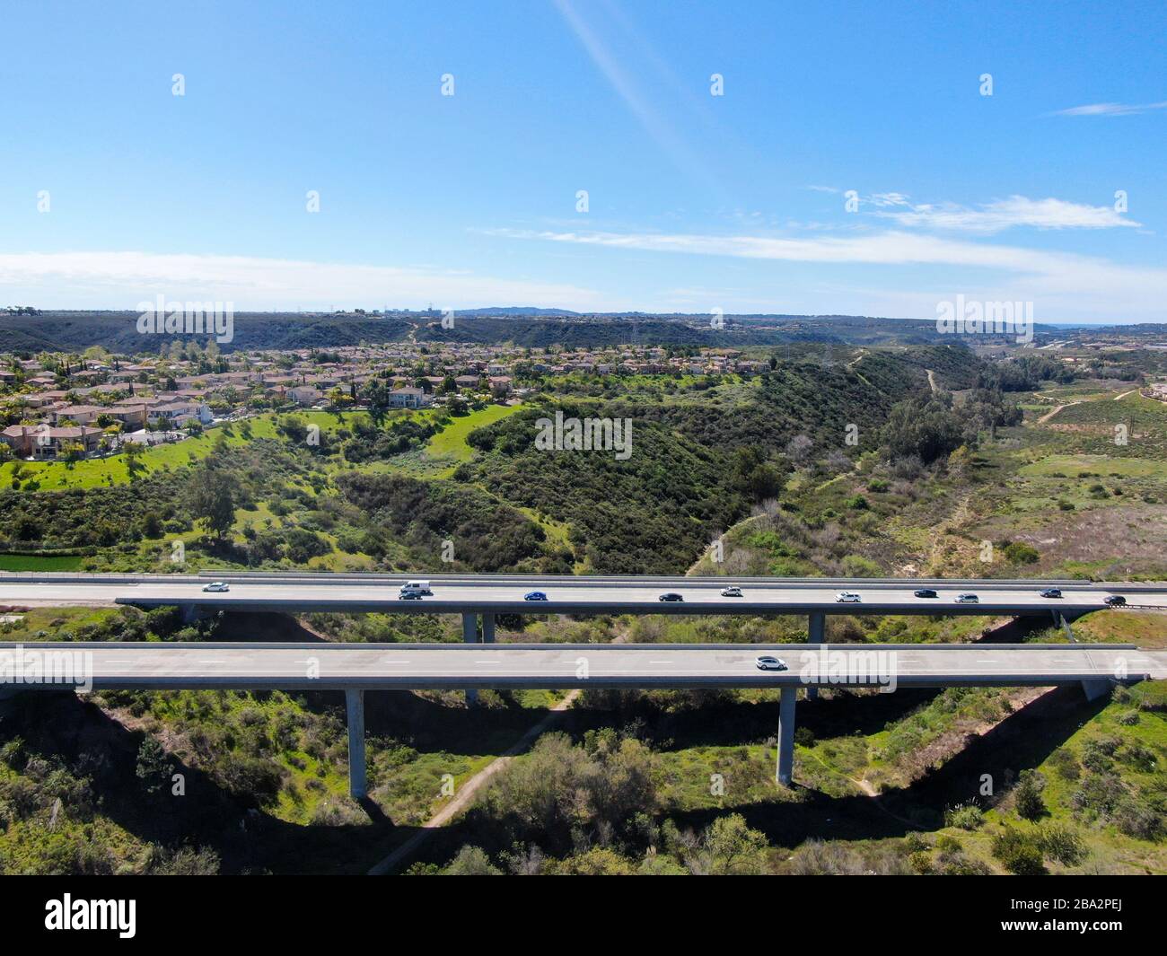 Aerial view of road highway bridge, viaduct supports in the valley ...