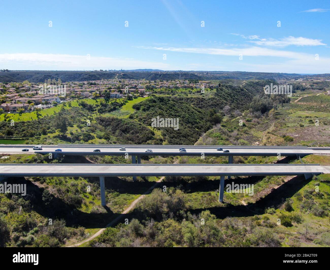 Aerial view of road highway bridge, viaduct supports in the valley ...