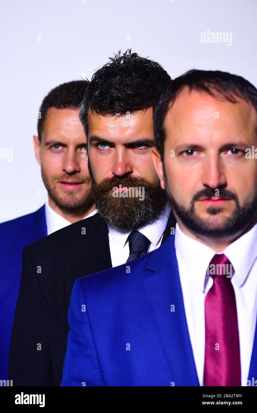 Businessmen with strict faces in formal wear on grey background ...