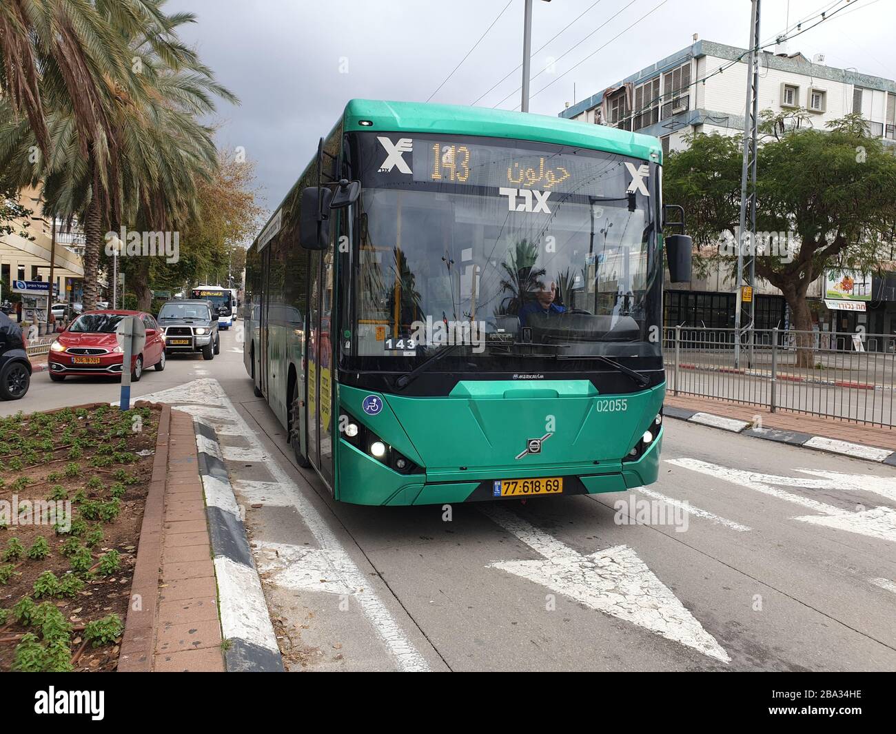 HOLON, ISRAEL. January 21, 2020. Green Egged passenger bus, route 143 ...