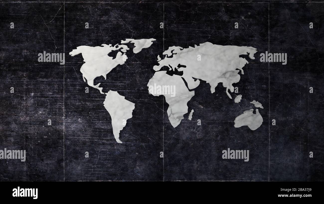White marble world map on dark dirty concrete wall 3D rendering Stock ...