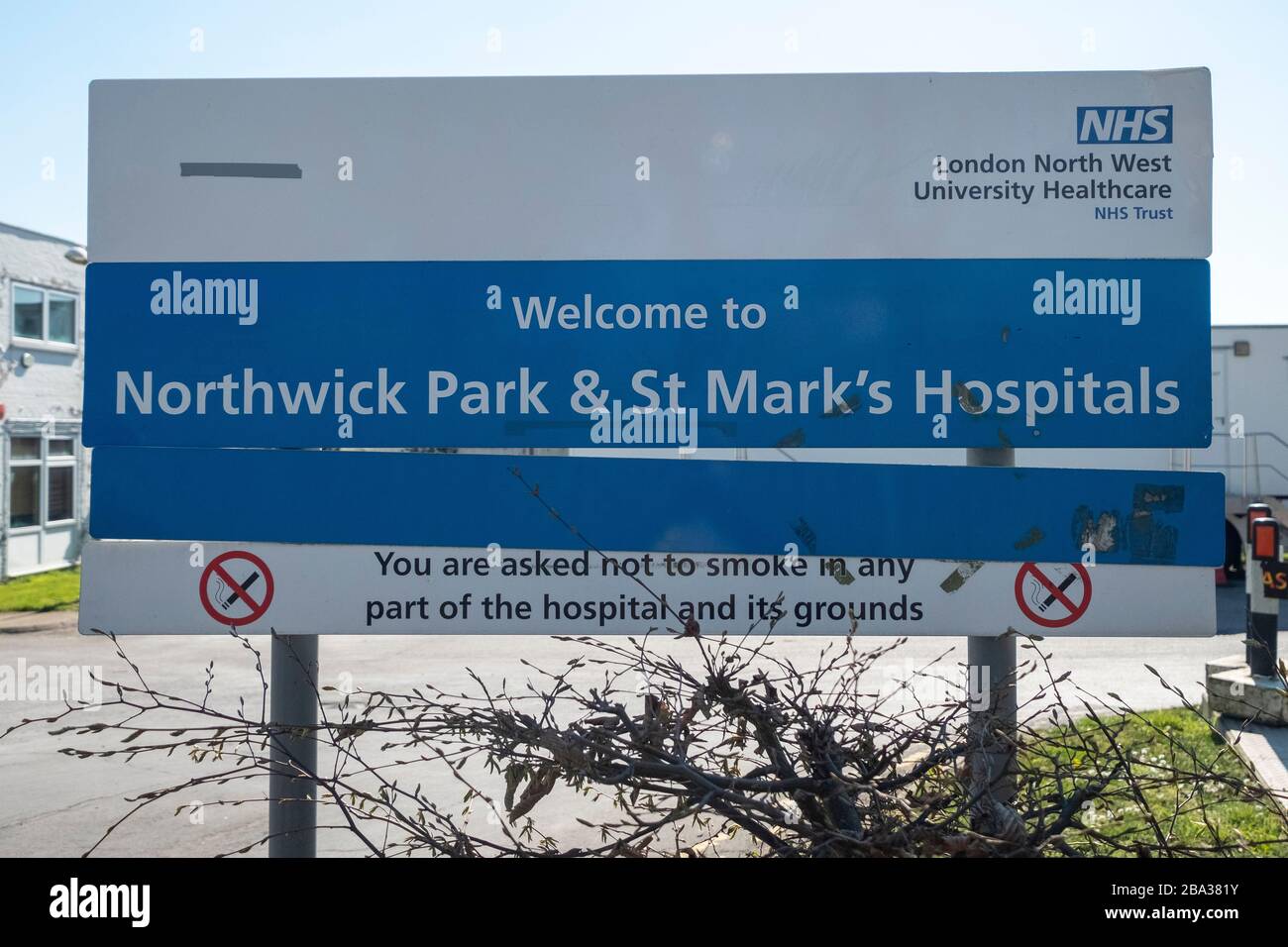 25 March 2020. Exterior sign of Northwick Park Hospital, Harrow, London ...