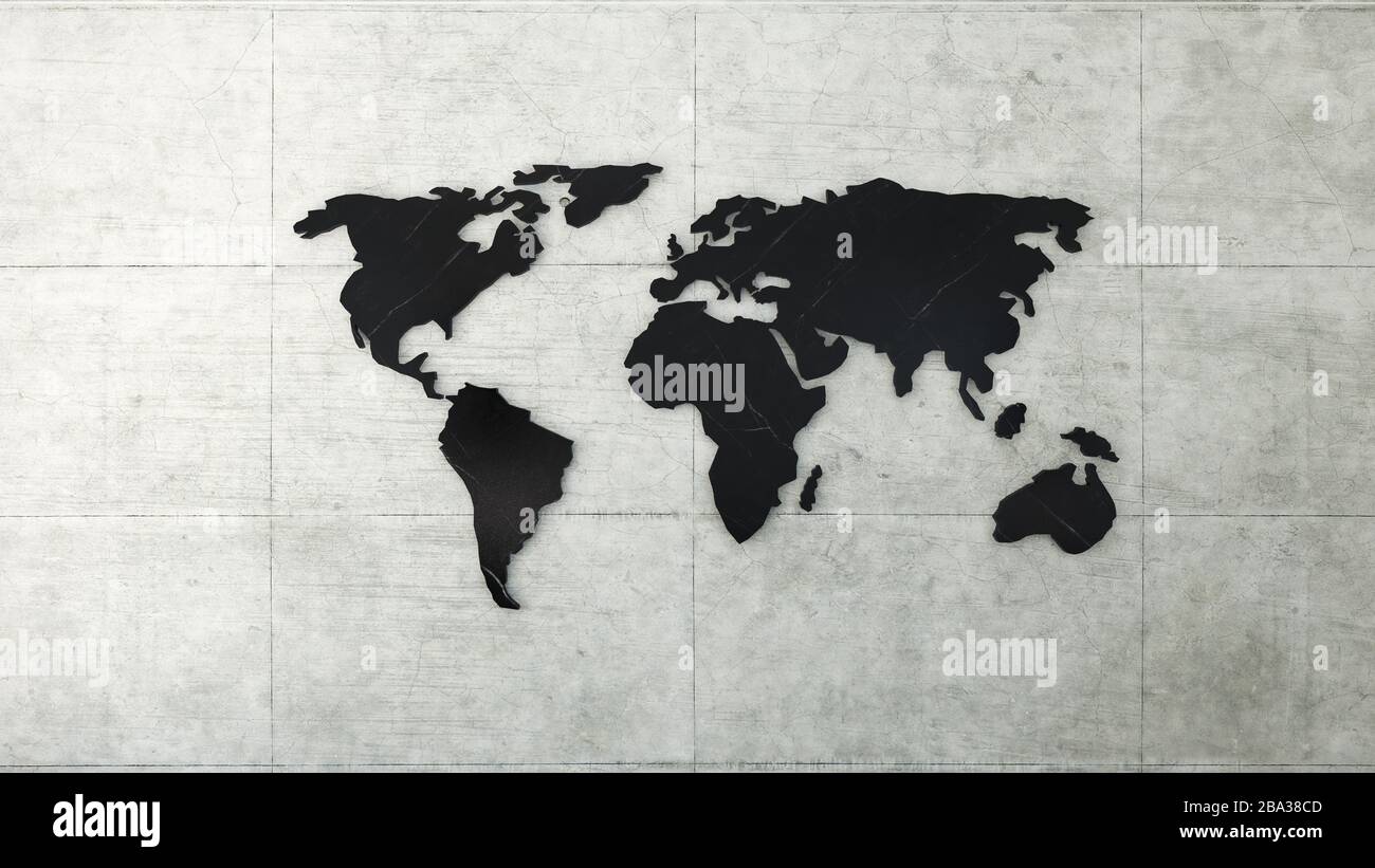 Black marble world map on concrete wall 3D rendering Stock Photo - Alamy