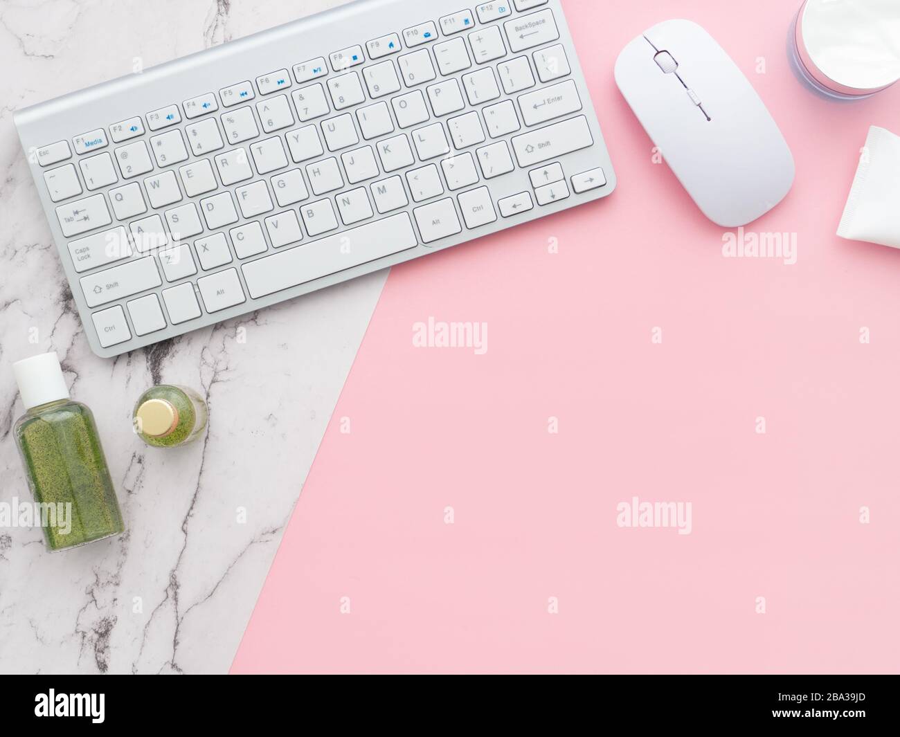 Flat lay, top view of pink table desk frame. Feminine desk workspace ...