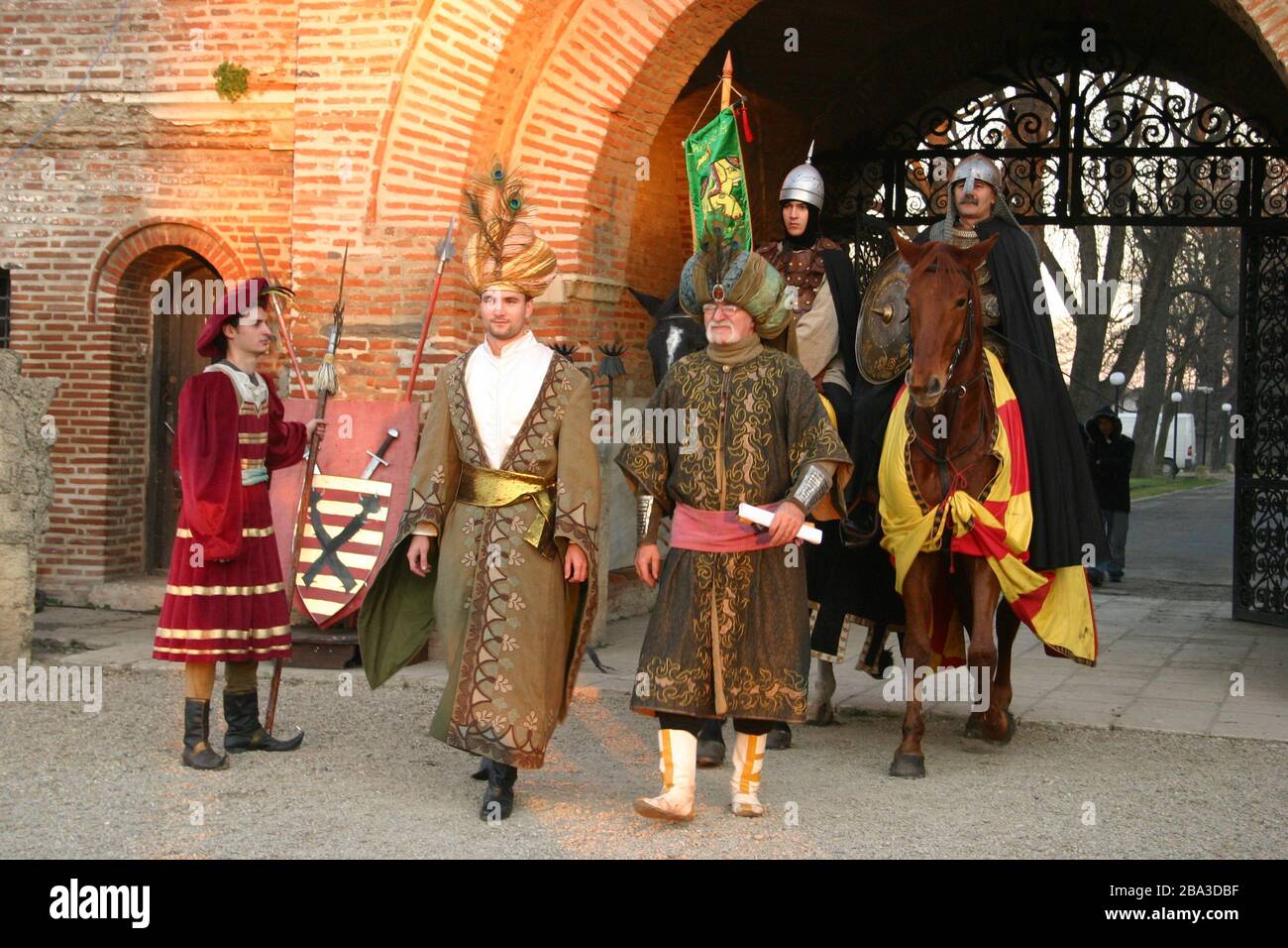 Nobility entering the courtyard. Recreating scene from the Medieval ...