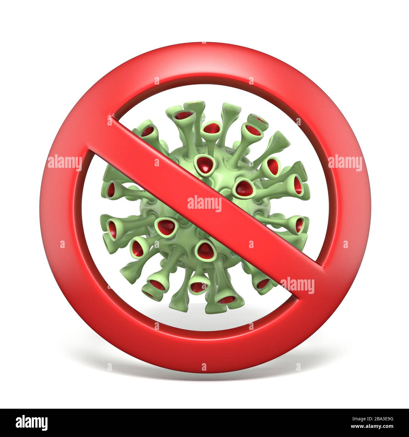 Forbidden sign over virus 3D render illustration isolated on white ...