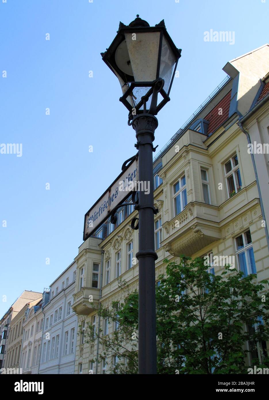 Berlin, Germany, street lamp with the known street sign Märkisches Ufer ...