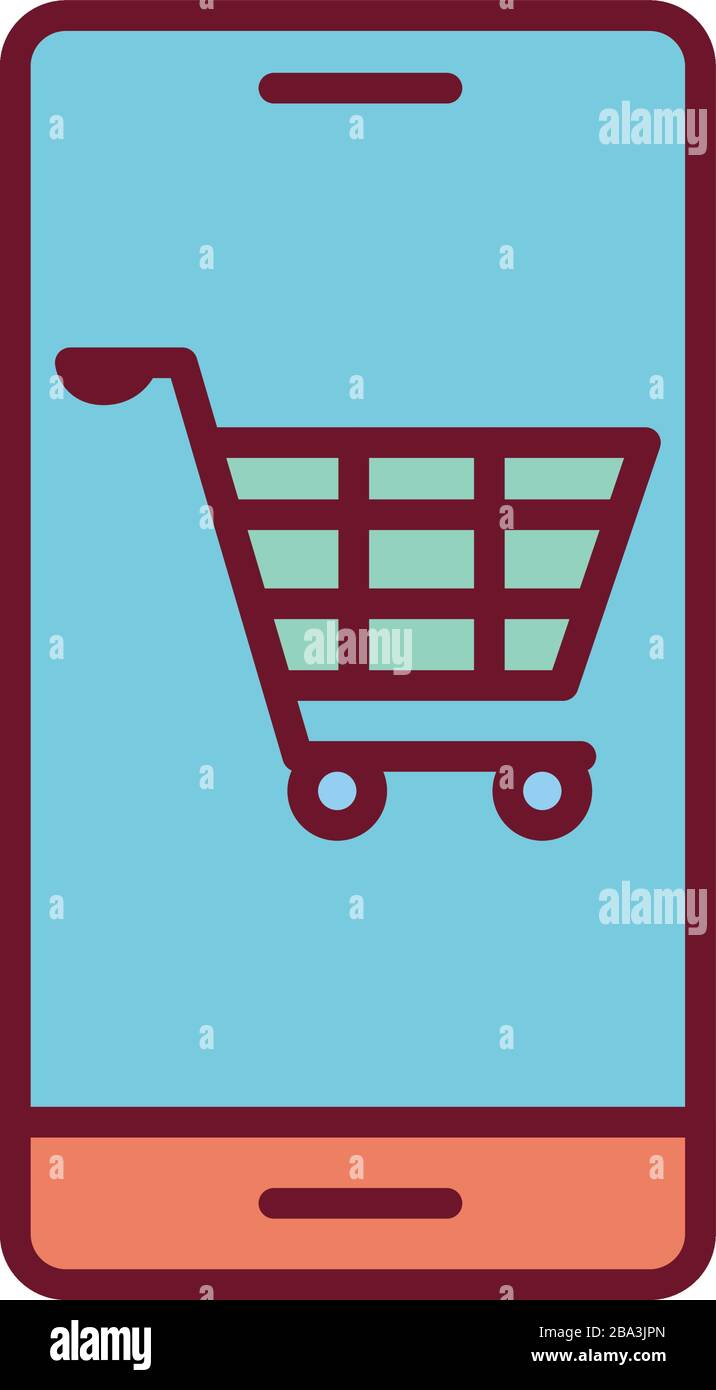 shopping cart inside smartphone line and fill style icon vector design ...