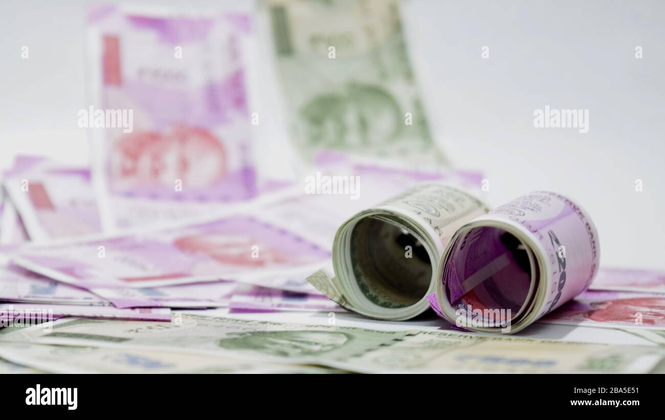View of rolled new paper currency of india Stock Photo - Alamy