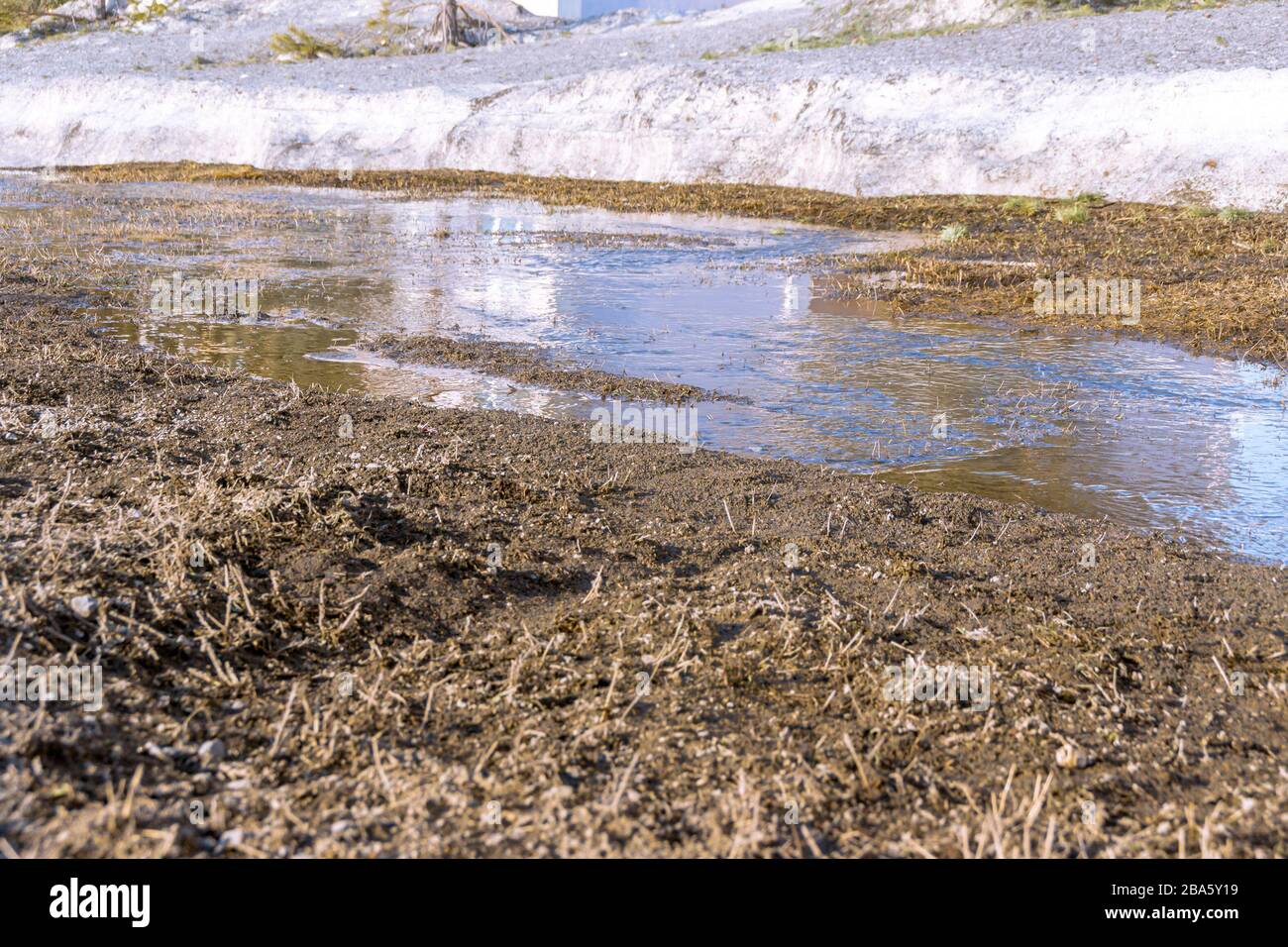 spring streams from melting snow flow eroding soft soils and causing ...