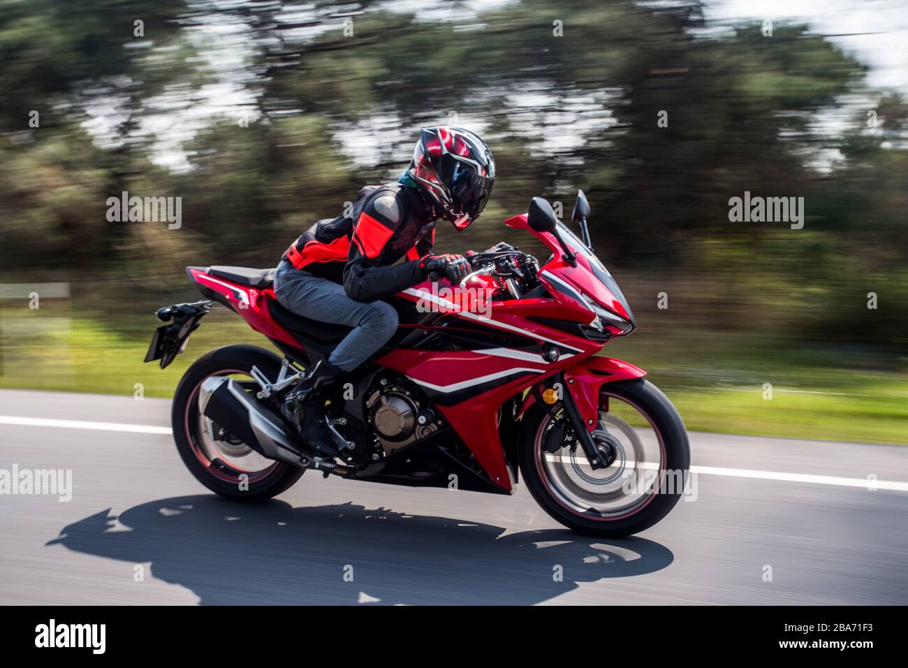 Biking a red motorcycle in the forest road Stock Photo - Alamy