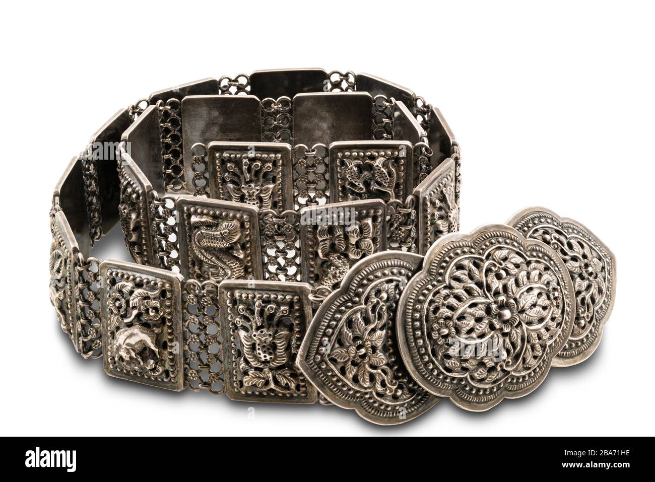 Beautiful ancient Thai silver belt handcraft on white background with ...