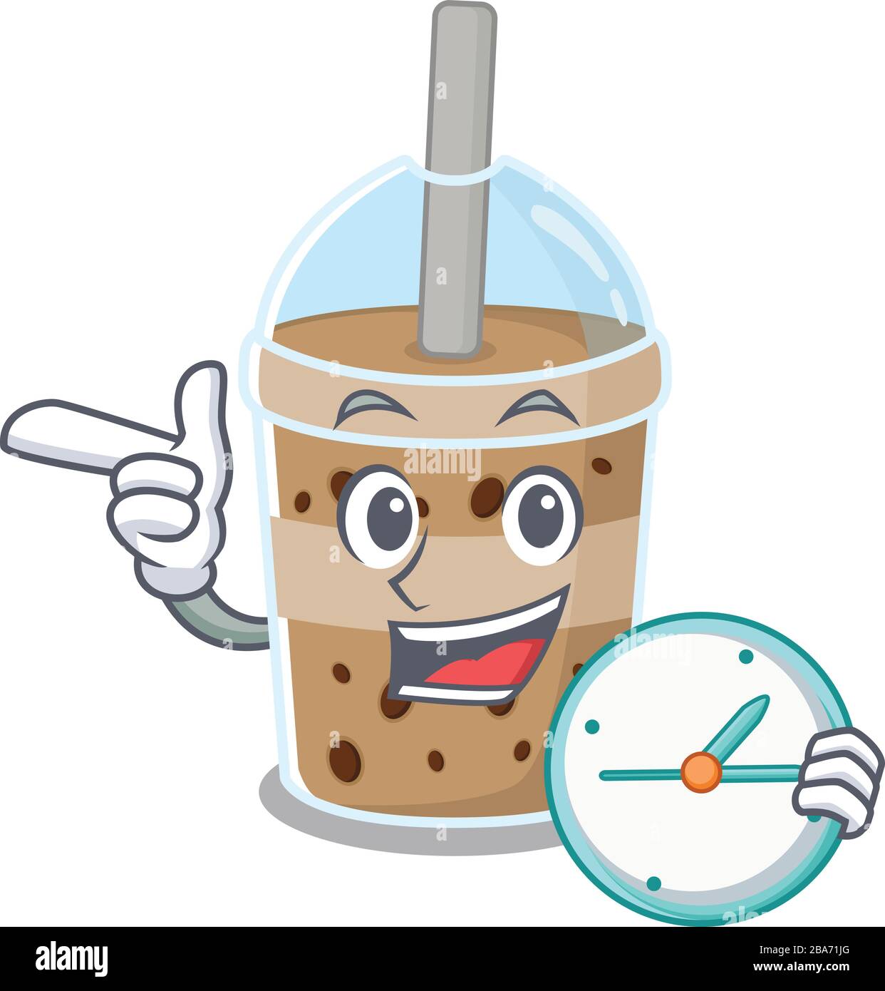 Cheerful chocolate bubble teacartoon character style with clock Stock ...