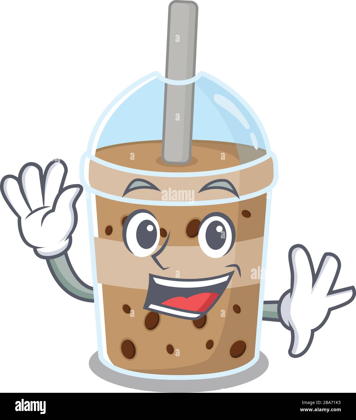 Smiley chocolate bubble tea cartoon mascot design with waving hand ...