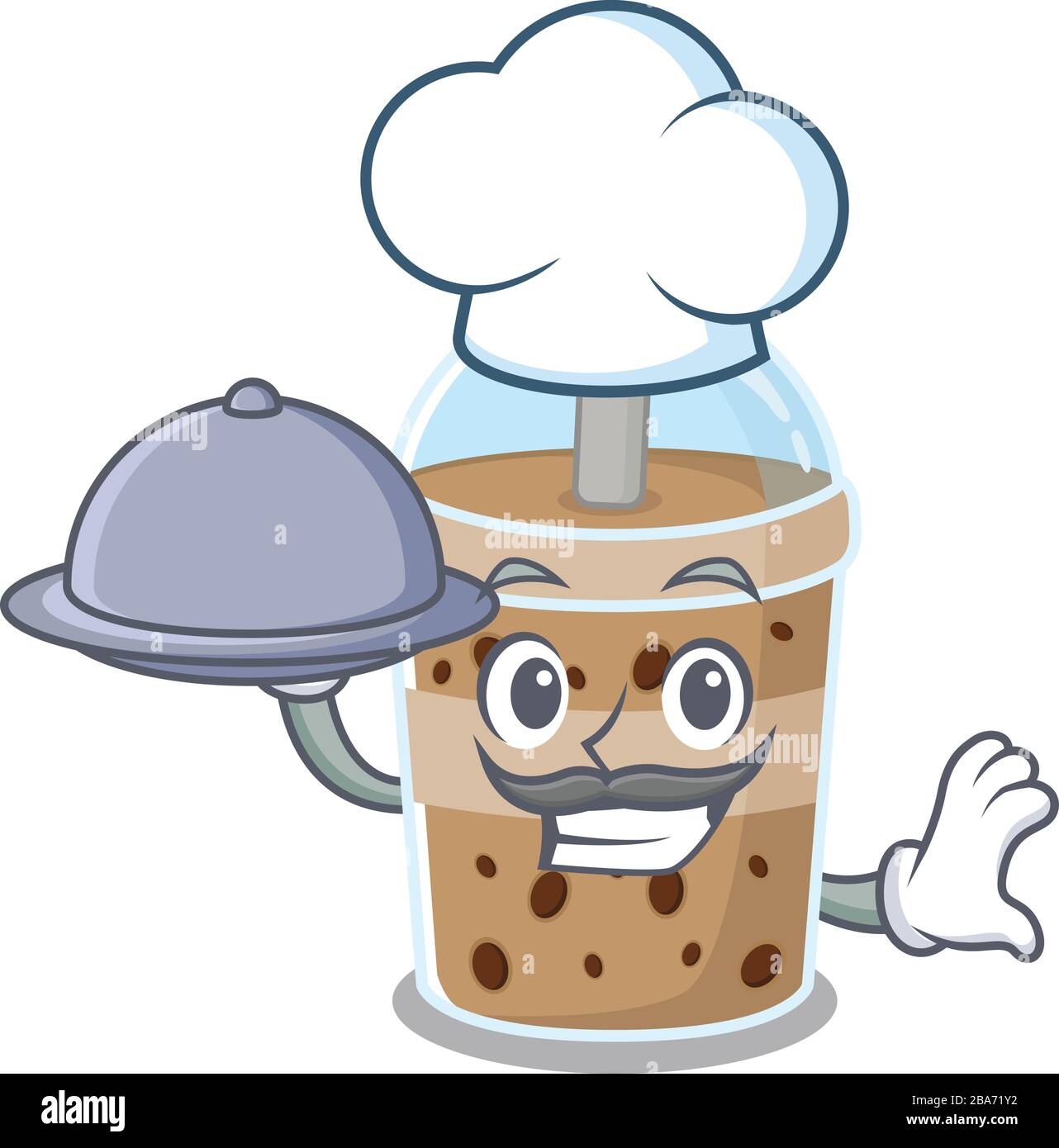 chocolate bubble tea as a chef cartoon character with food on tray ...