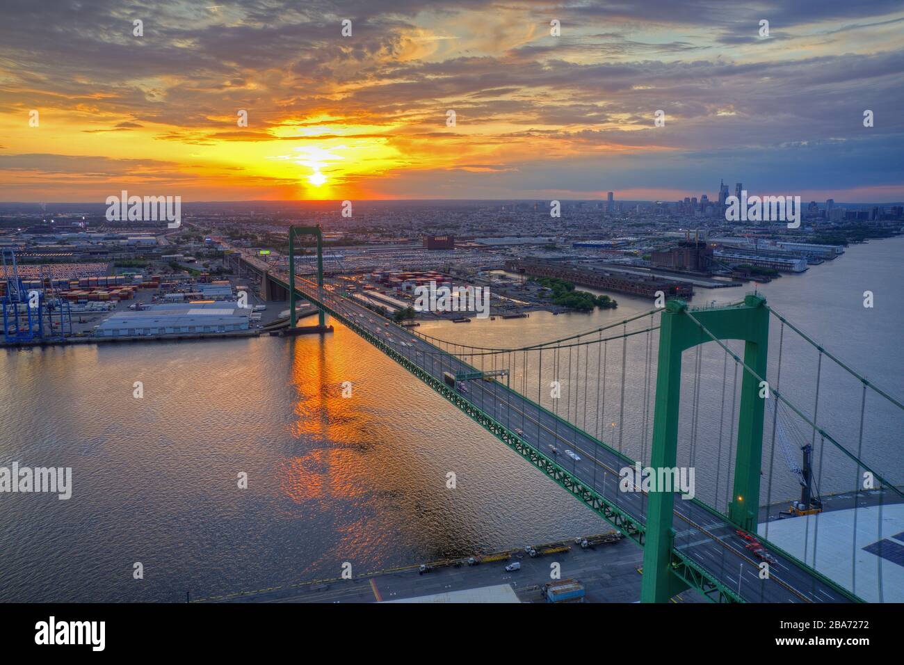 Aerial View of Sunset over City of Philadelphia from the Delaware River ...