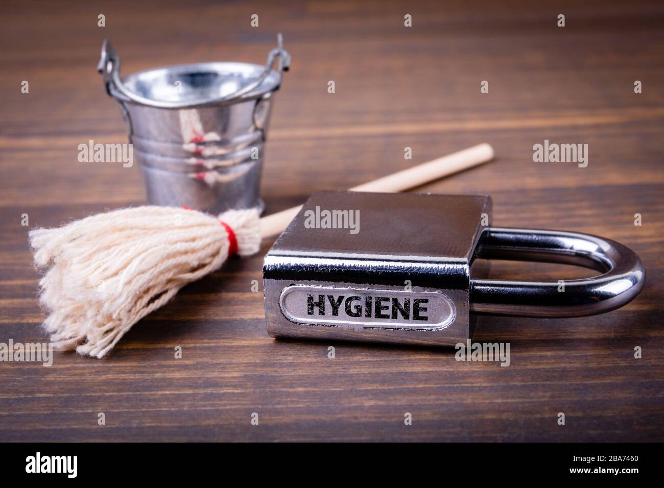 Hygiene. Hand washing, room cleaning and disinfection concept. Padlock ...