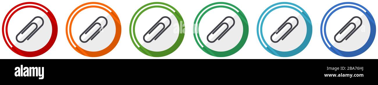 Paperclip icon set, flat design vector illustration in 6 colors options ...