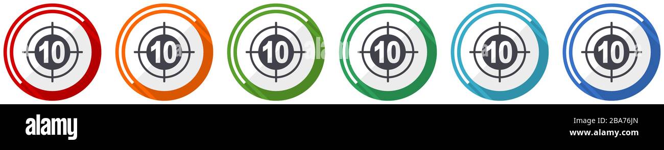 Target icon set, flat design vector illustration in 6 colors options ...